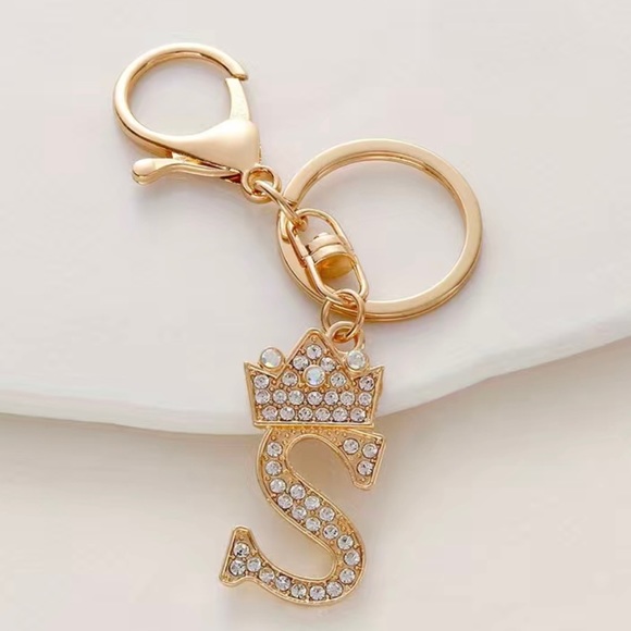 Other | New Metal Gold Rhinestone Crown Letter S Keychain Bag Charm ...